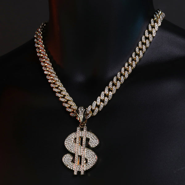 Large CZ Money Sign Pendant & Iced Cuban Chain – Hip Hop Jewelry ...