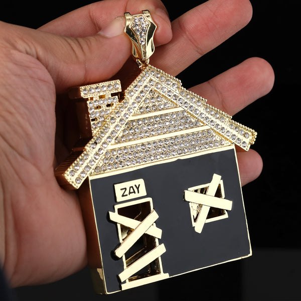 Large Jumbo Huge Black Bando House Iced Pendant 14K Chain Set ...
